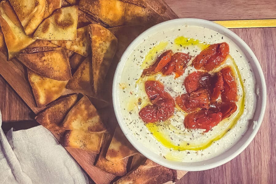 Easy Whipped Feta Dip with Roasted Cherry Tomatoes & Garlic