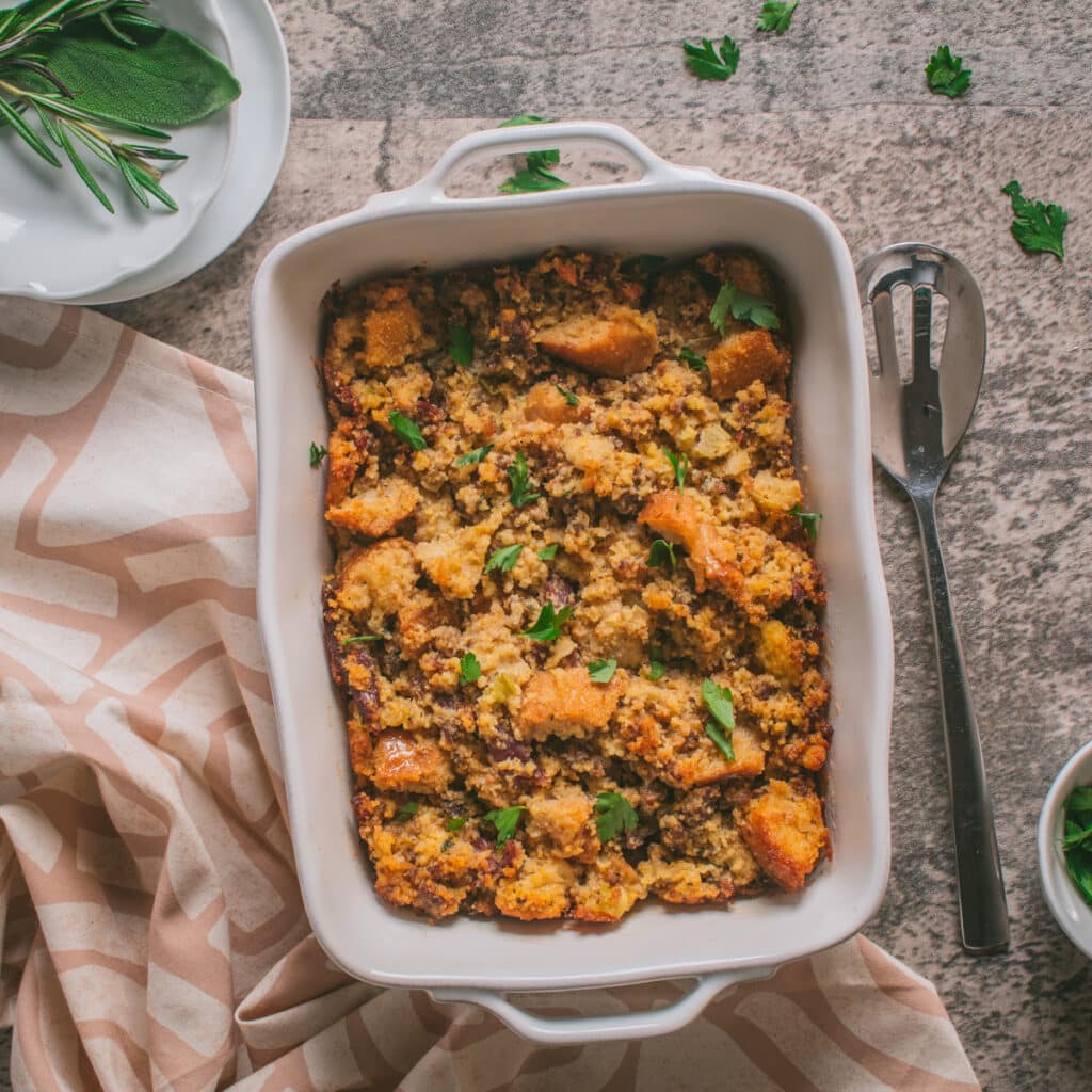 Sausage Cornbread Dressing With Smoked Turkey - Gimme From Scratch