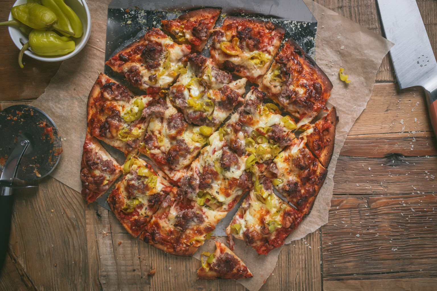 Spicy Chicago Thin Crust Sausage and Pepperoncini Pizza (Tavern Style ...